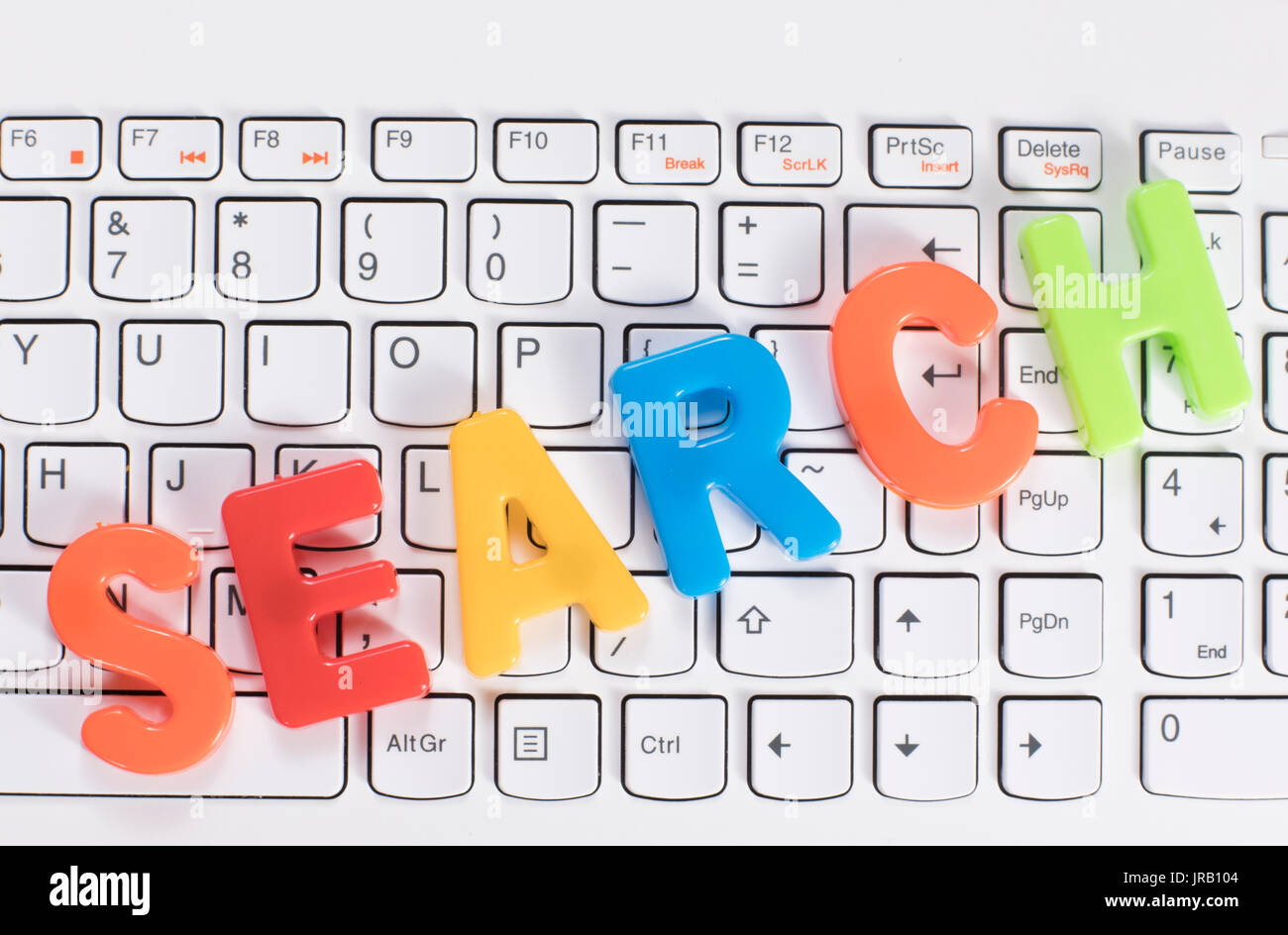 Colorful toy letters of the word search from above over white computer ...