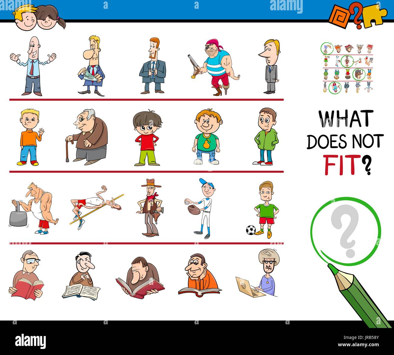 Cartoon Illustration of Finding Picture that does not Fit with the Rest ...