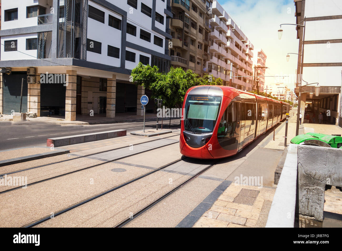 a tram passing on the railway in a sunny day - Casablanca - Morocco ...