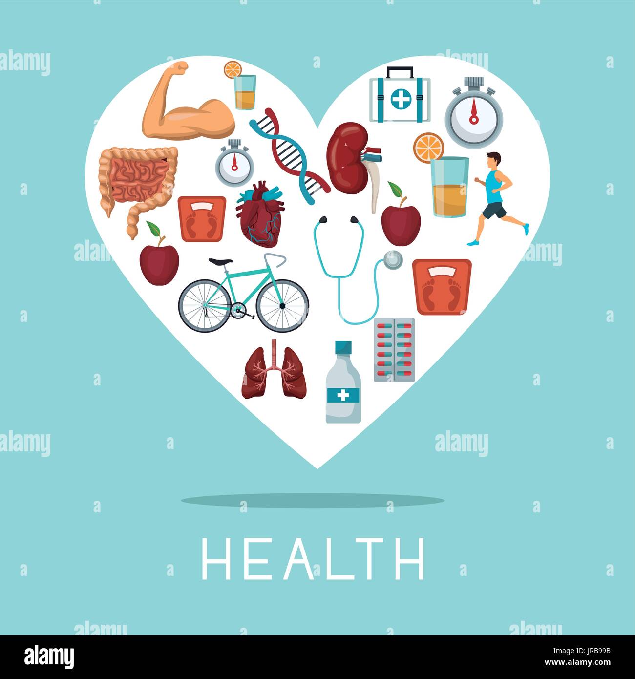 color background with heart shape frame with icons of health elements ...