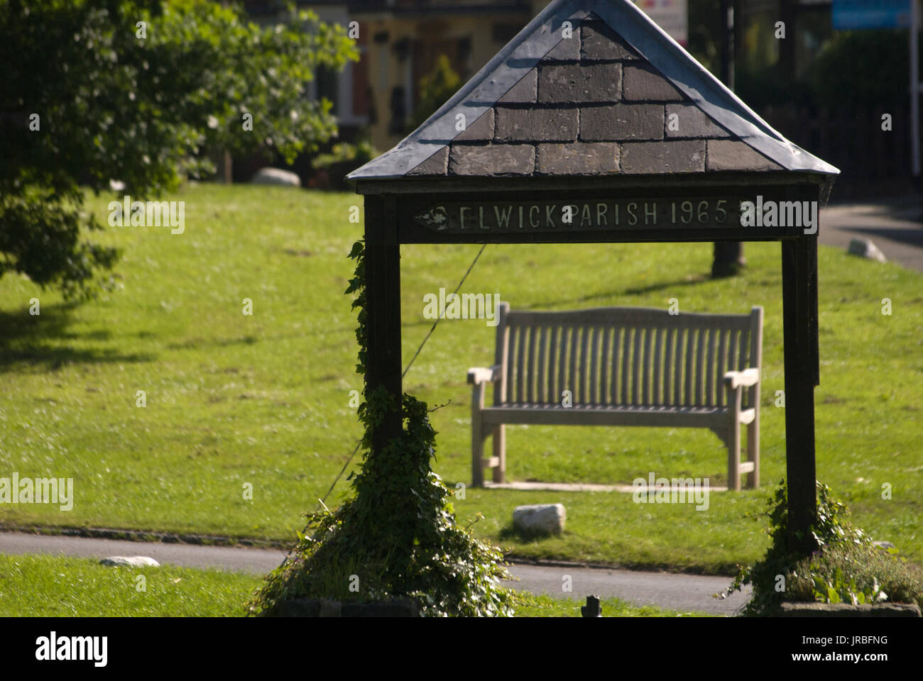 Elwick parish sign on village green, County Durham Stock Photo - Alamy