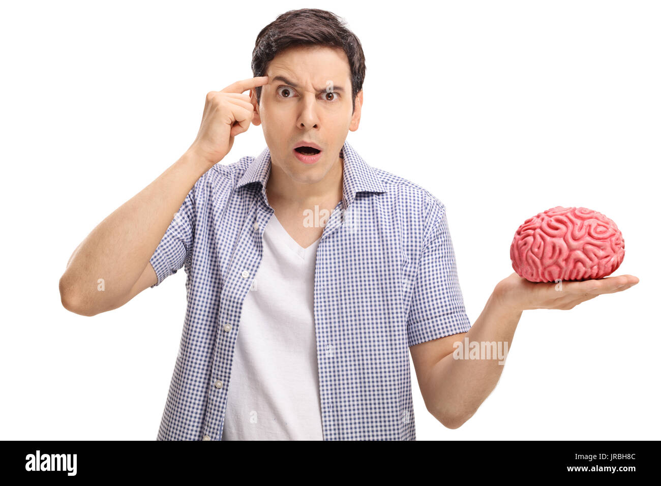 Young man with a brain model holding a finger on his temple asking do ...