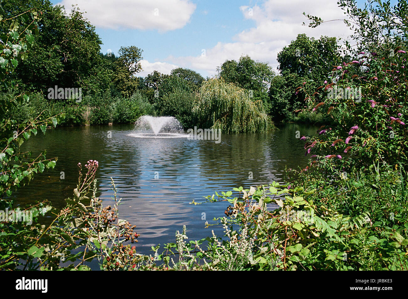 Lake and fountain at Clissold Park, Stoke Newington, North London UK ...