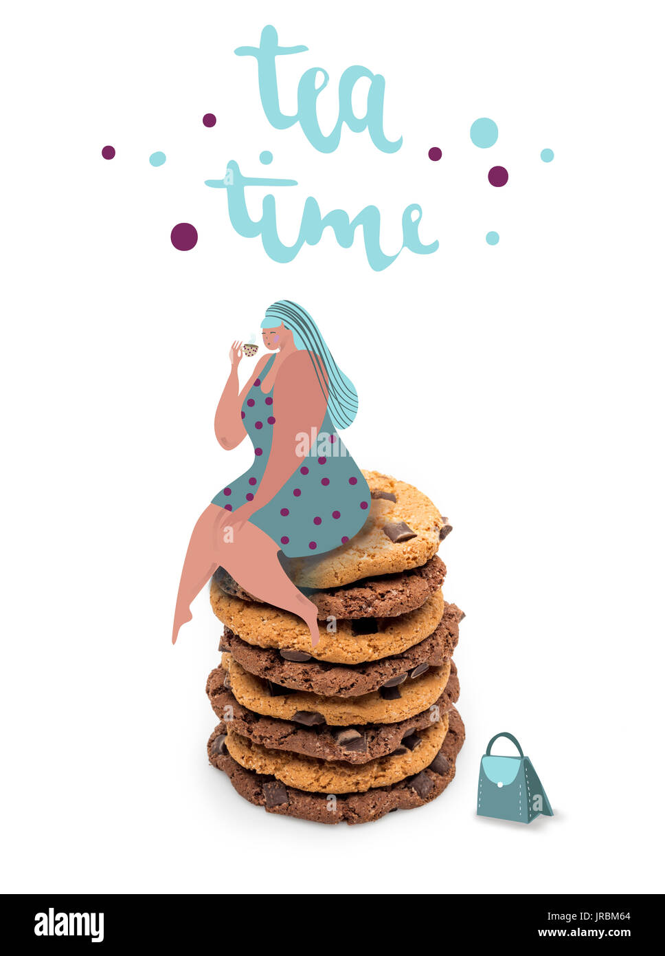 Fat woman sitting and drinking tea on stack of cookies Stock Photo - Alamy