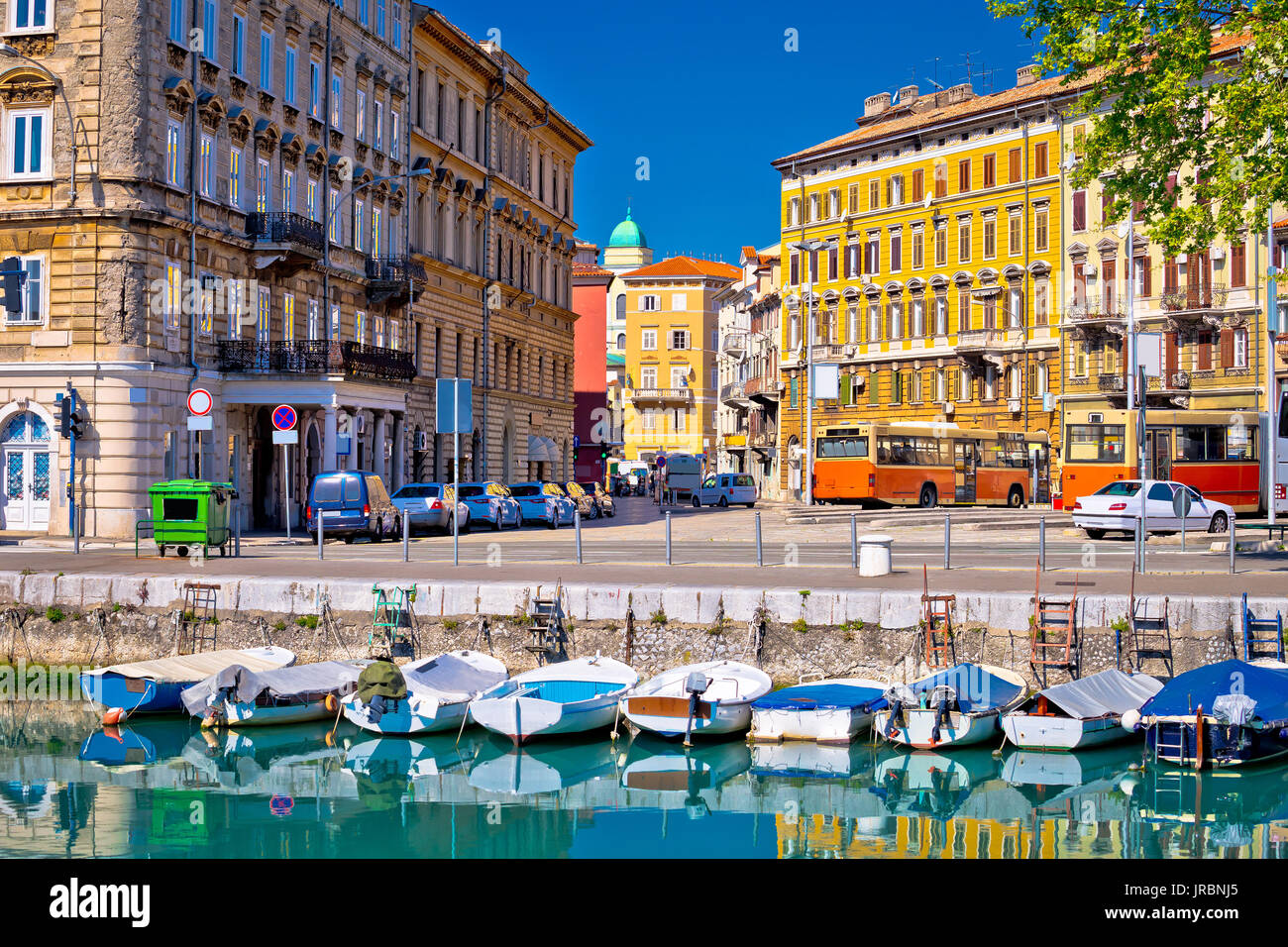 City of Rijeka waterfront boats and architecture view, Kvarner bay ...