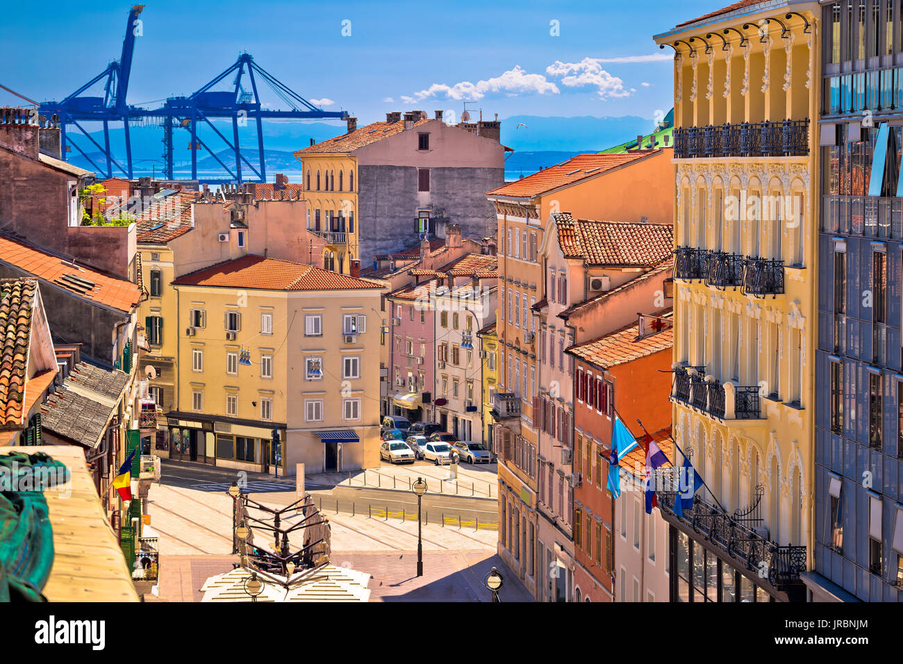 City of Rijeka Korzo square and harbour cranes aerial view, Kvarner bay ...