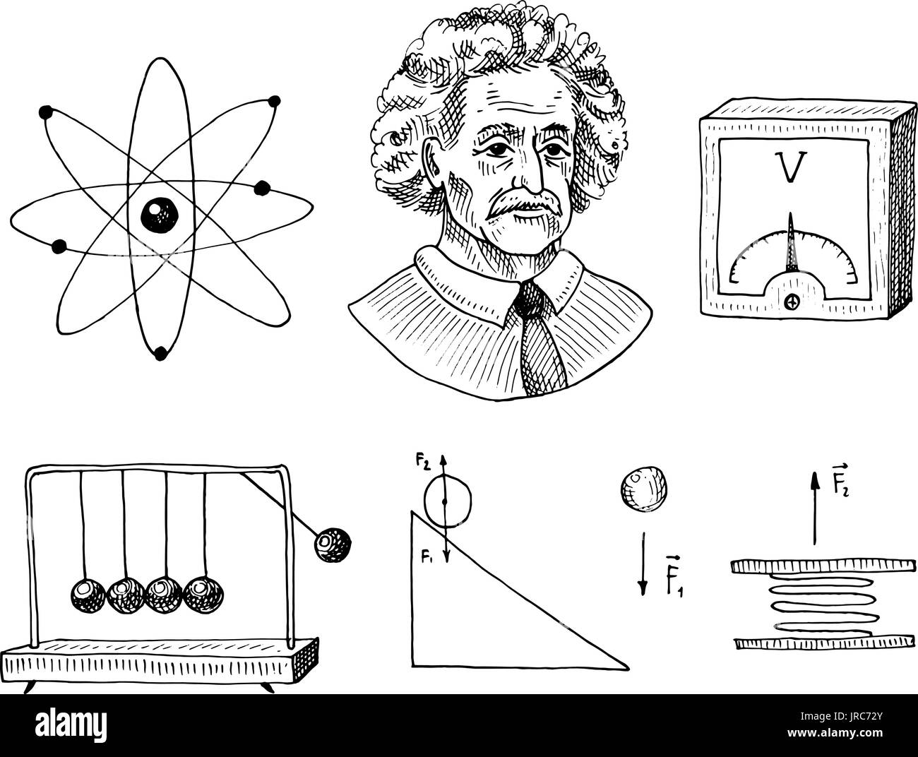 Atom and voltmeter with perpetual motion, circuit and graph. engraved ...