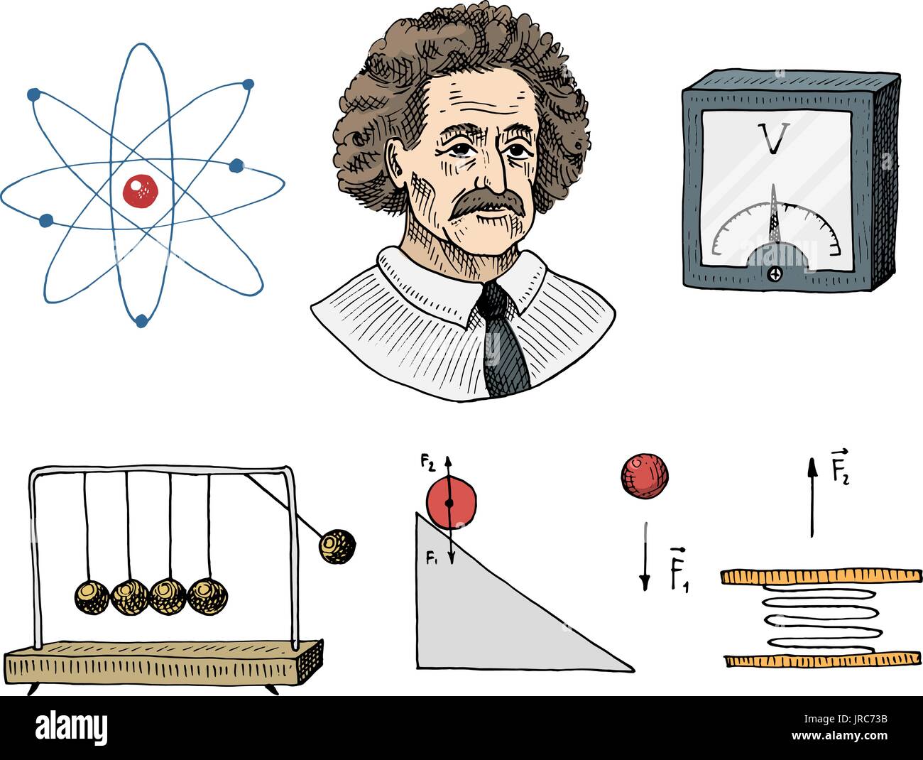 Atom and voltmeter with perpetual motion, circuit and graph. engraved ...