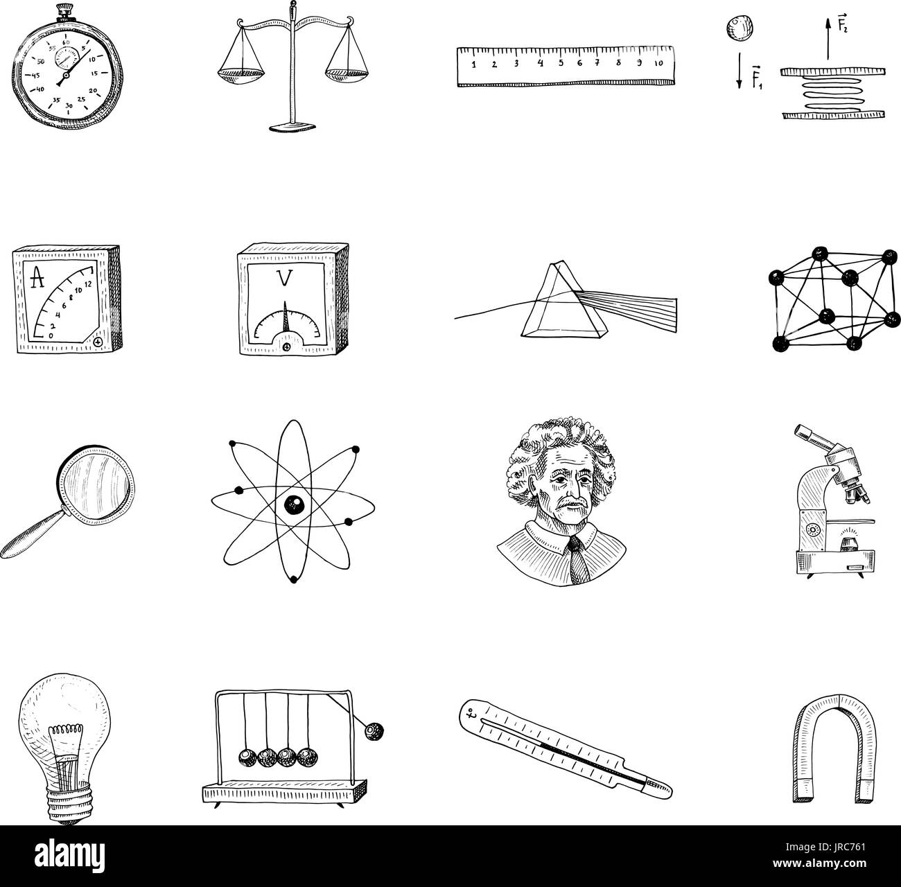 Atom and voltmeter with perpetual motion, circuit and graph. engraved ...