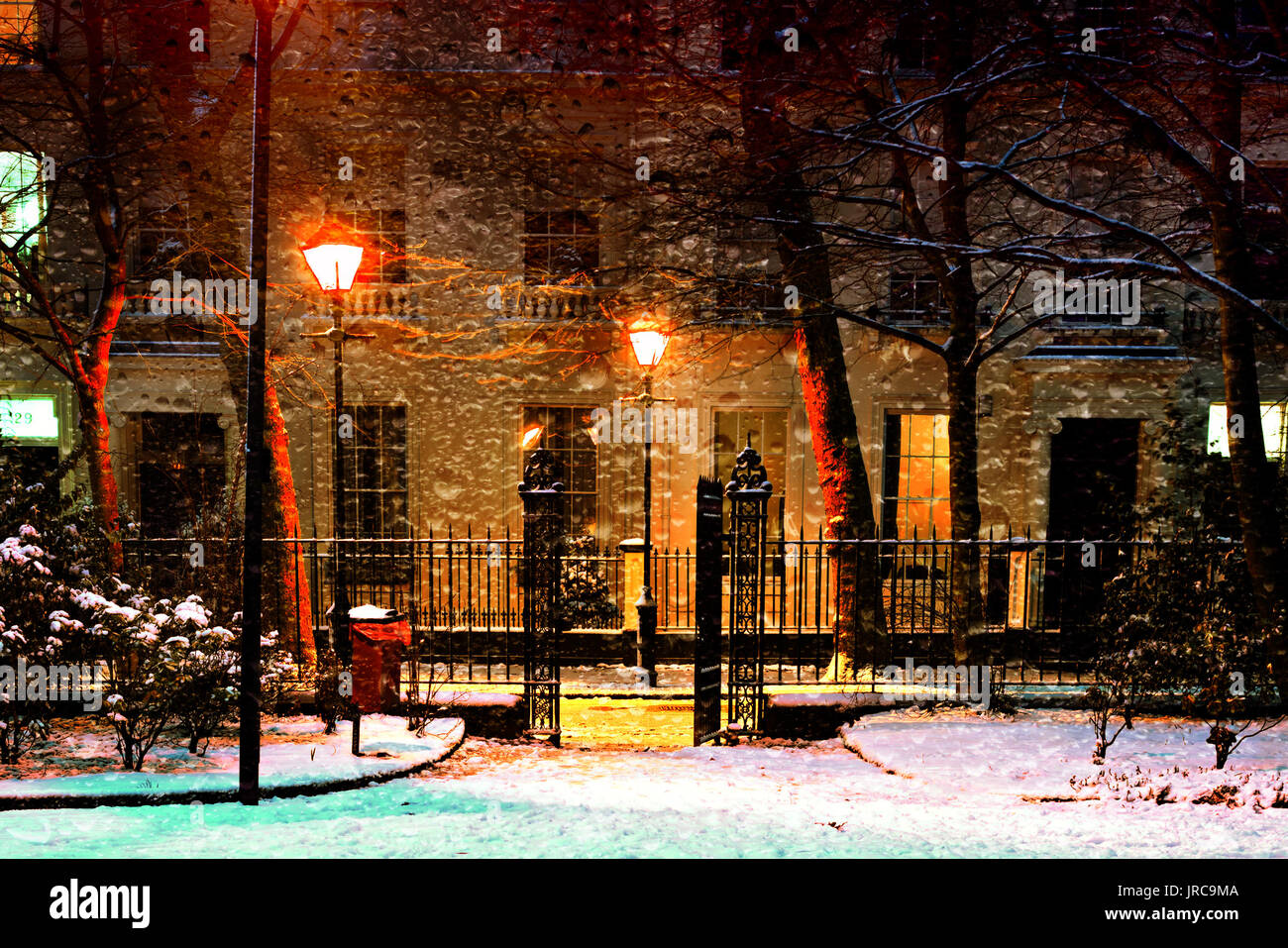 Looking through a misty window with raindrops at Falkner Square ...