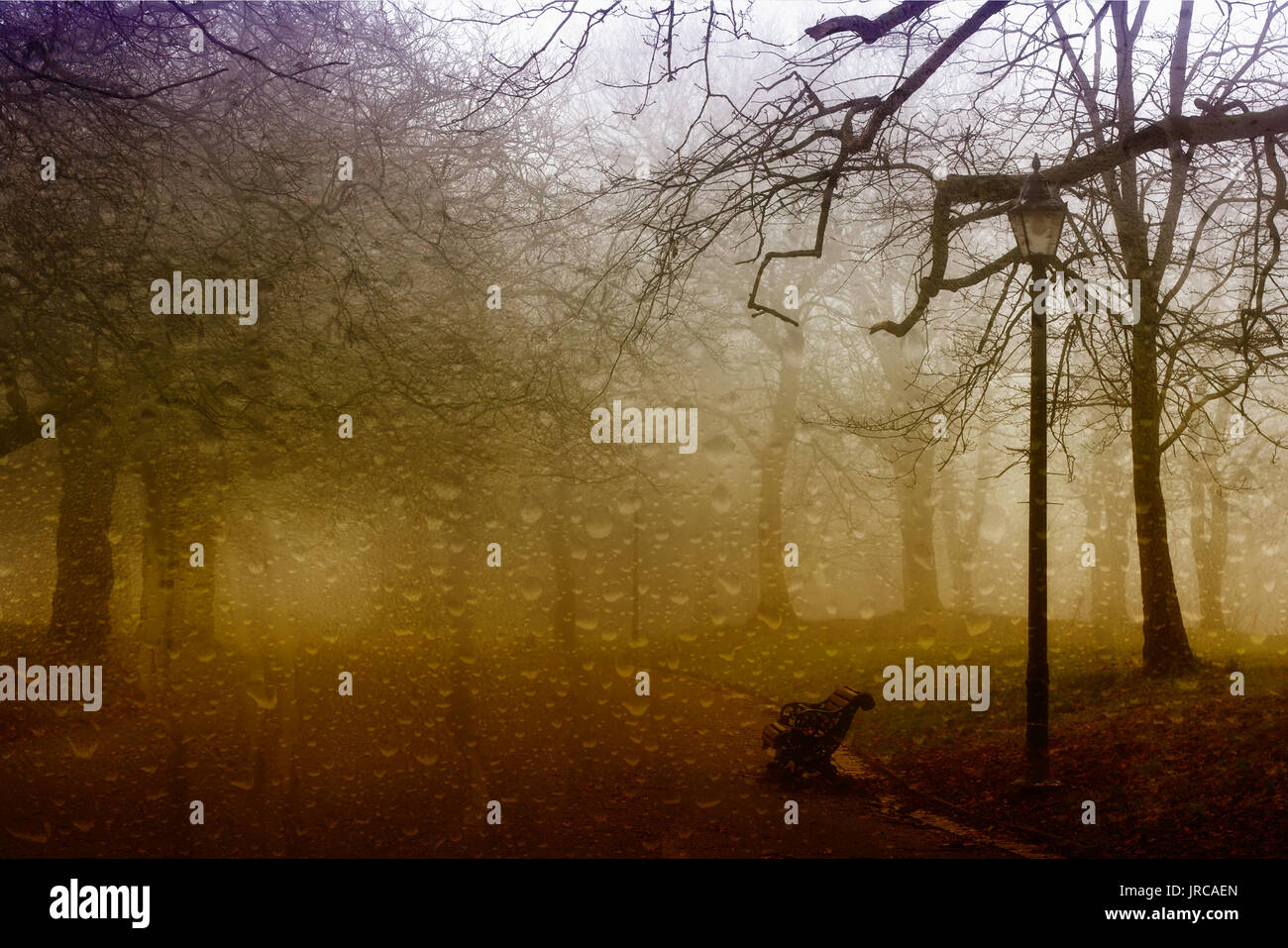 Looking through a misty window with raindrops at a park bench with ...