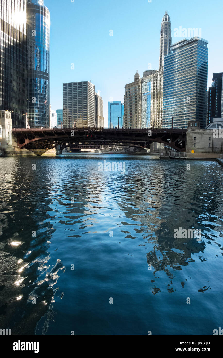 Chicago Skyline and iron bridge as viewed from the river, just outside ...