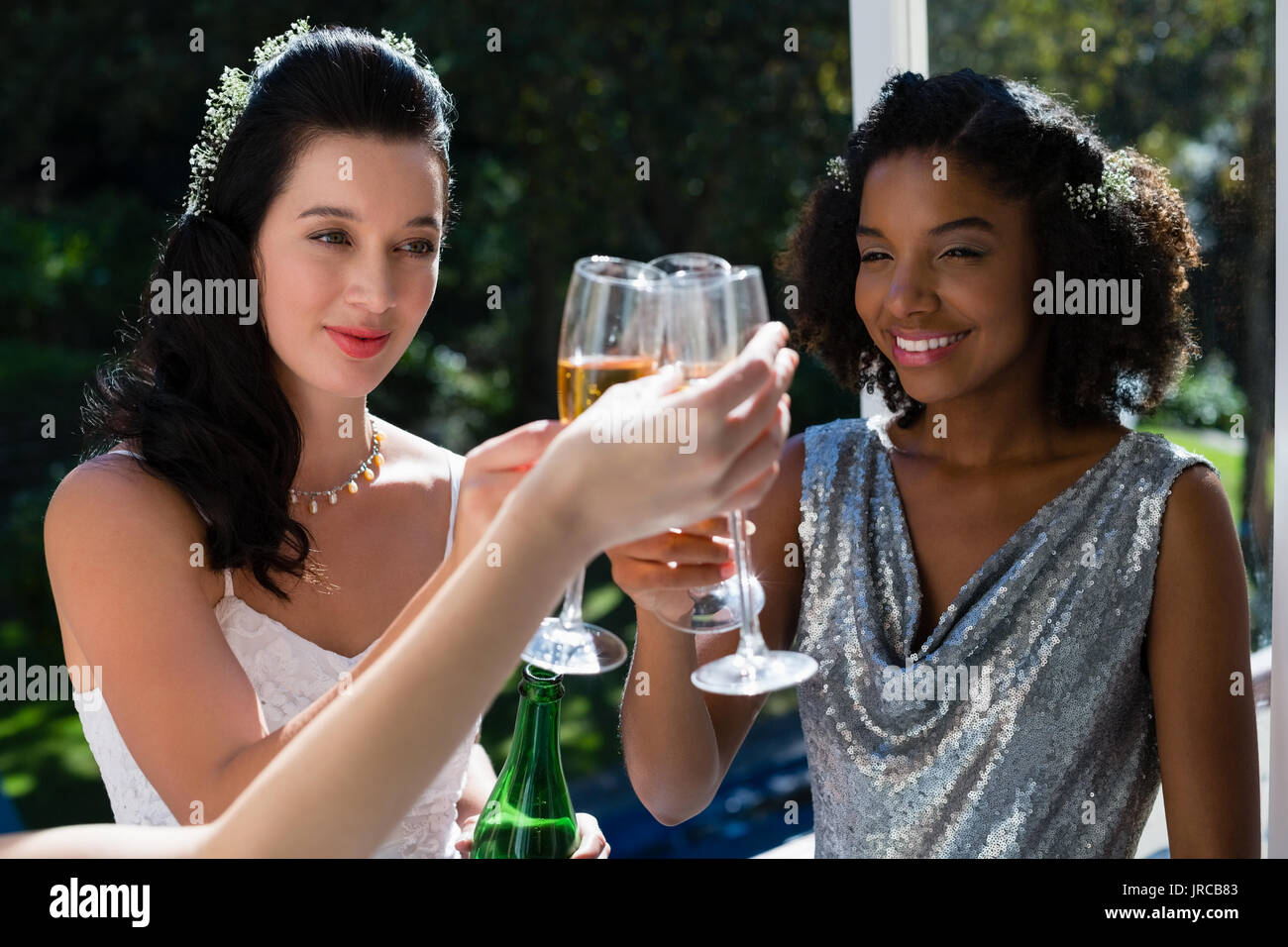Bride and bridesmaids toasting champagne at park Stock Photo - Alamy