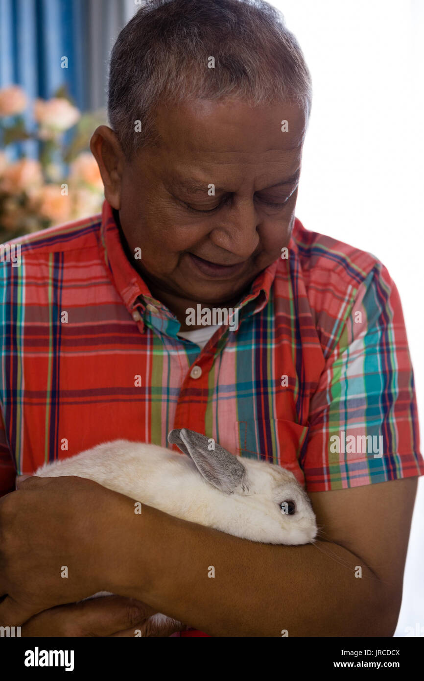 Close up senior man holding rabbit at retirement home Stock Photo - Alamy
