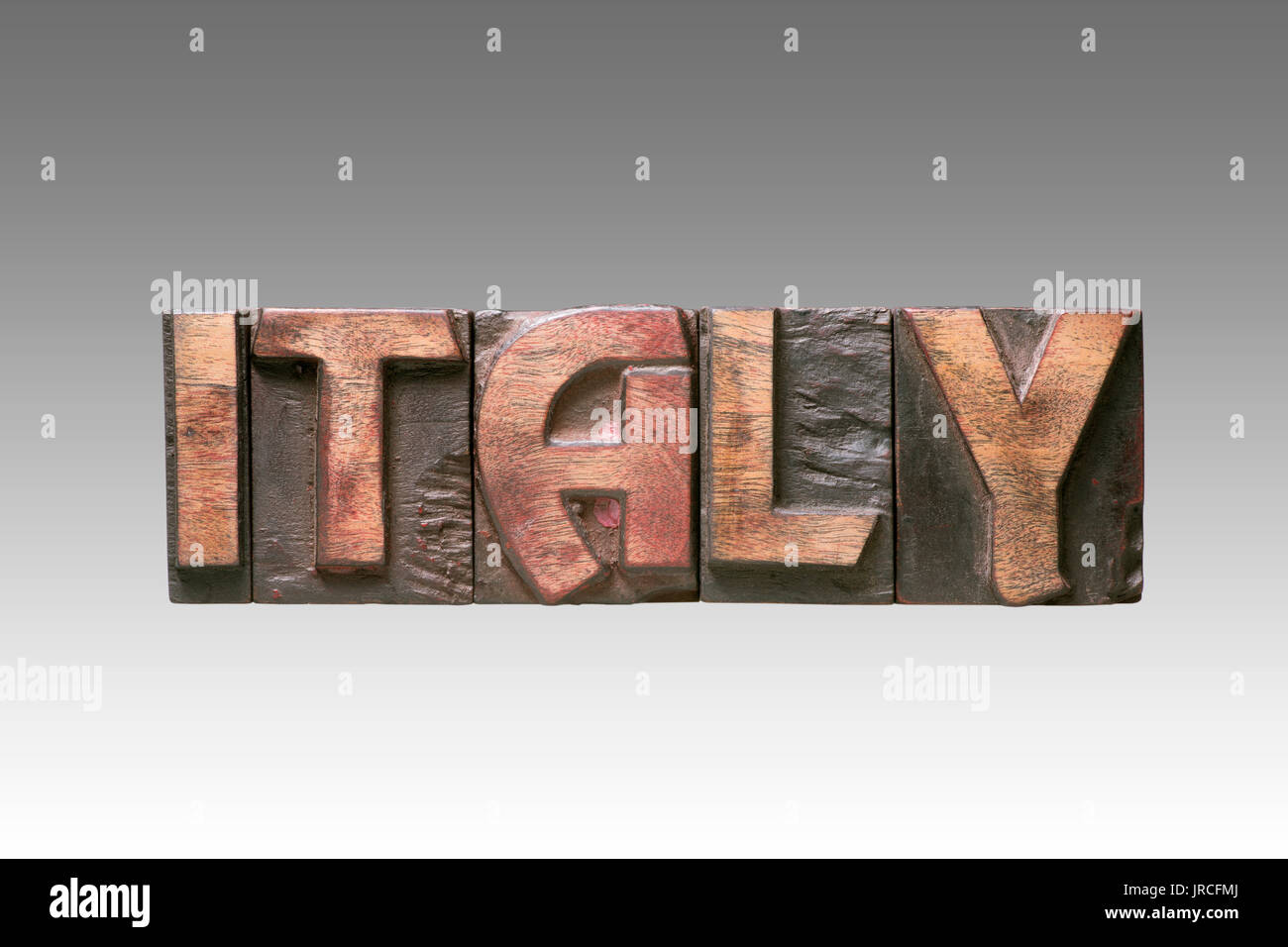 Italy word assembled from vintage wooden typography letters isolated on ...