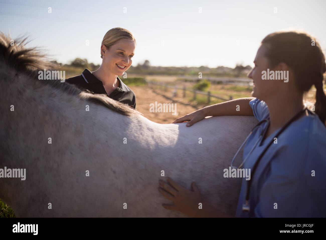 Standing horse rider talking woman hi-res stock photography and images ...