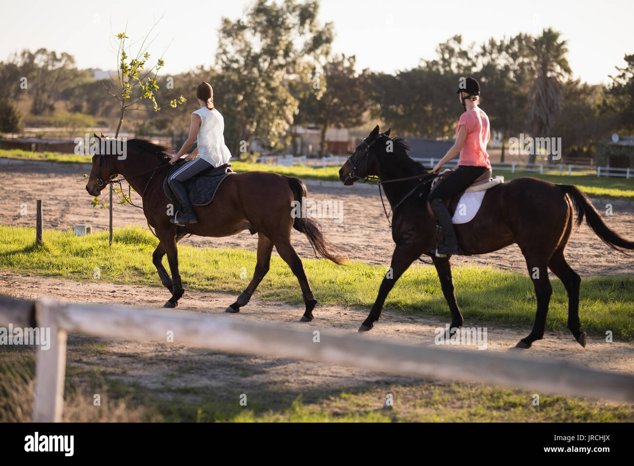 Side view of female friends riding horses against sky at barn Stock ...
