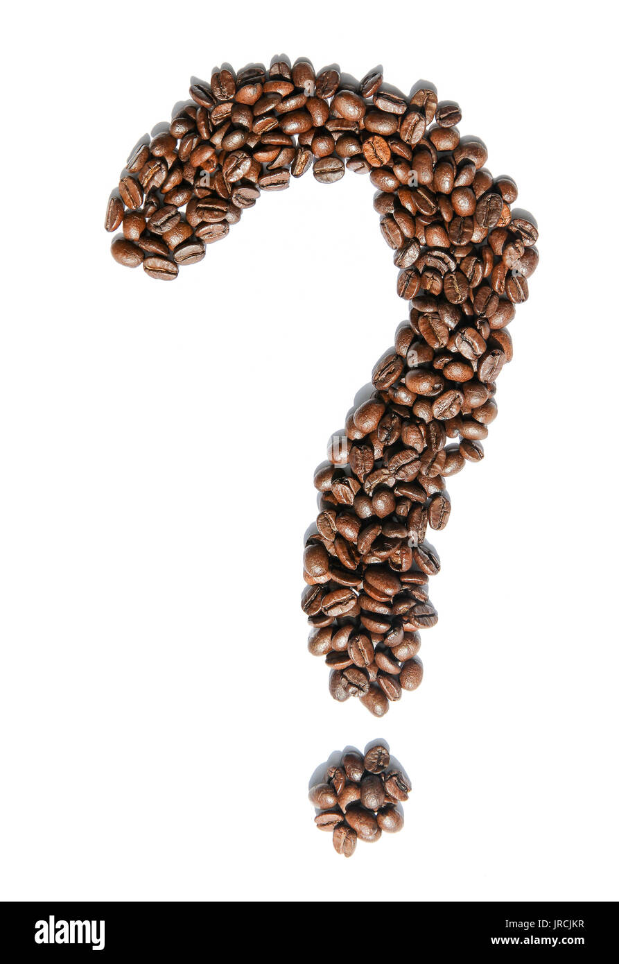 Roasted espresso coffee beans in the shape of a question mark isolated ...