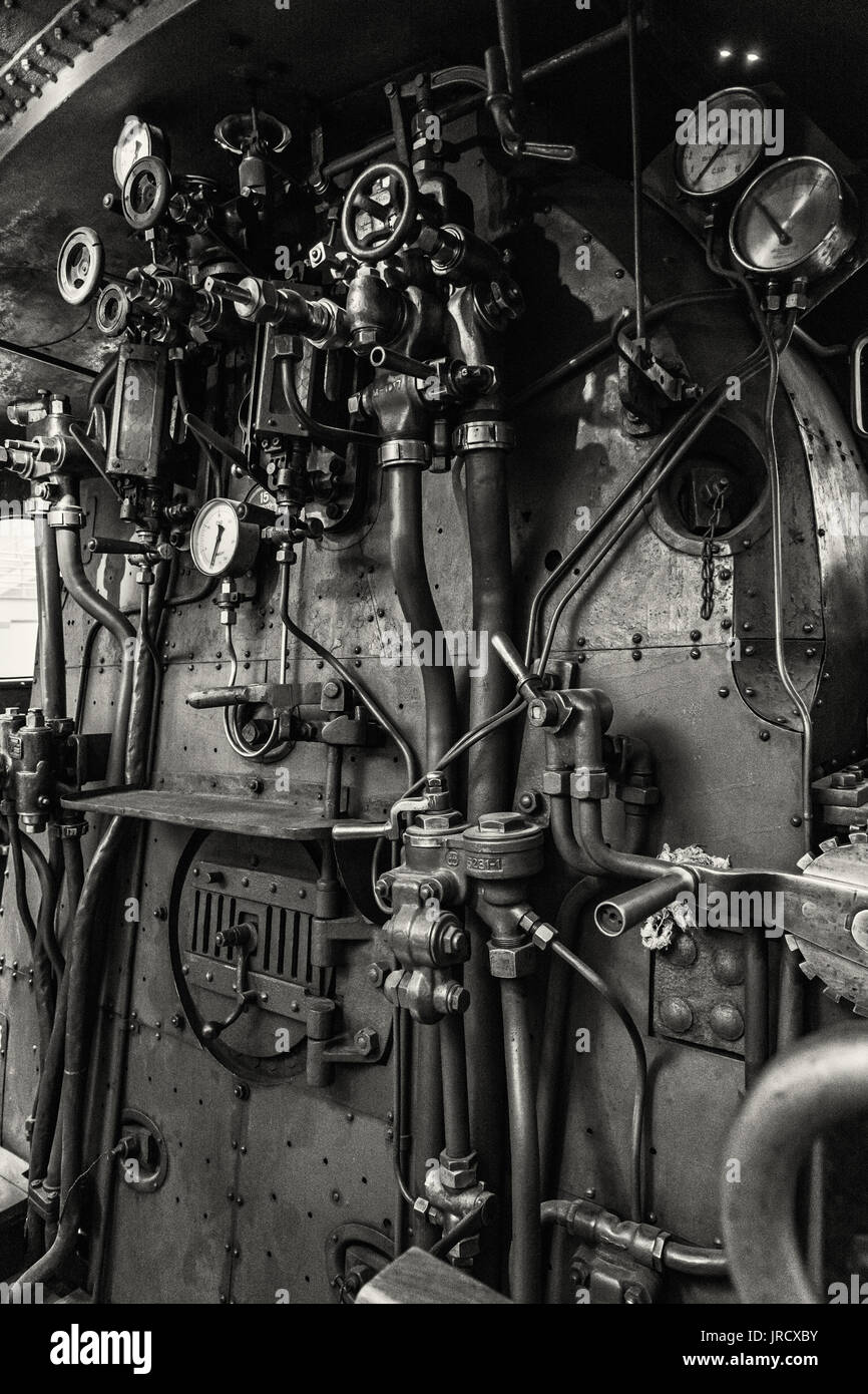 Steam locomotive controls, national technical museum in Prague, Czech ...
