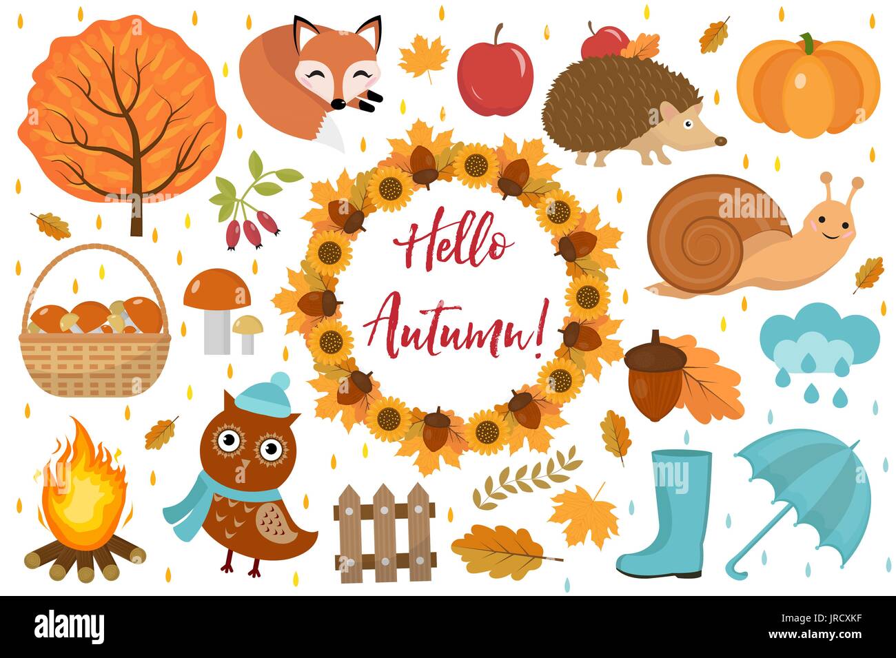 Hello Autumn icons set flat or cartoon style.Collection design elements ...