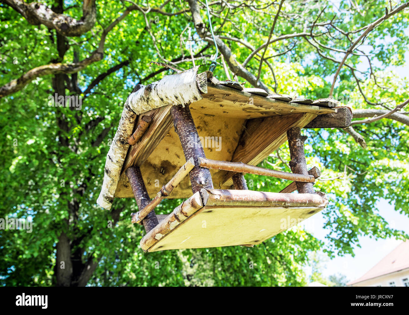 Wooden bird house hanging on the green tree. Seasonal natural scene ...