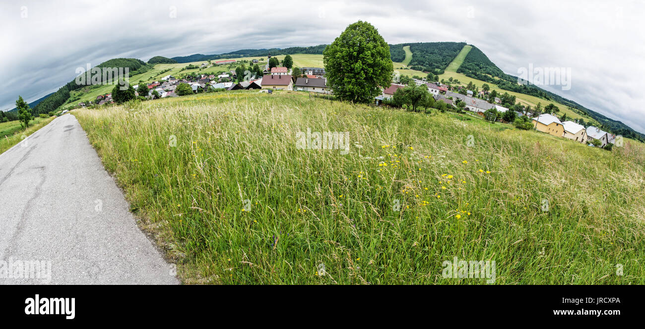 Panoramic photo of Cicmany village, Slovak republic. Folklore theme ...