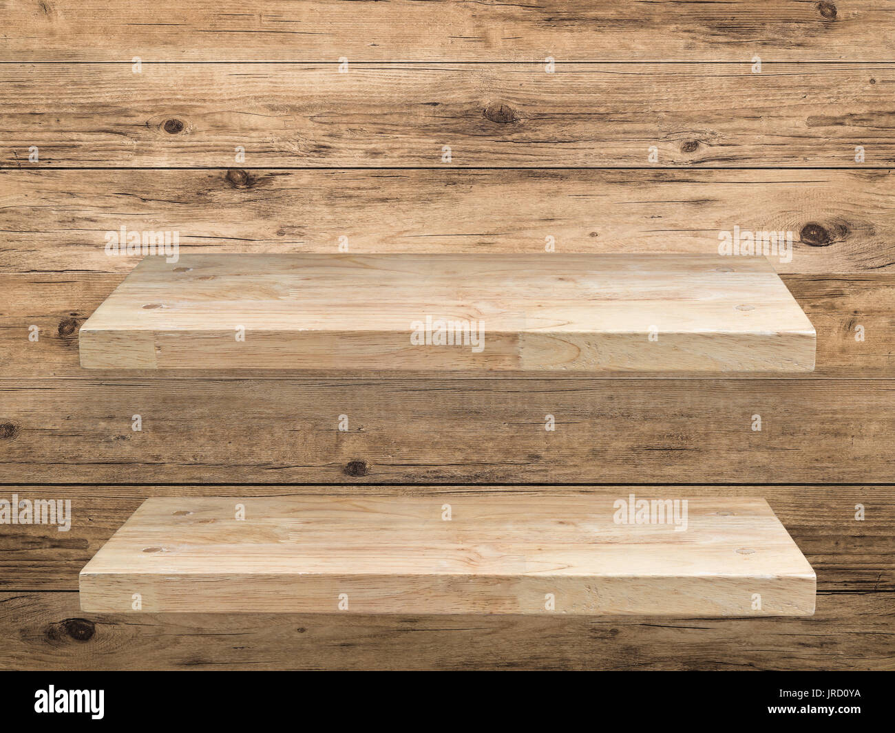 two wooden shelves on wooden background Stock Photo - Alamy