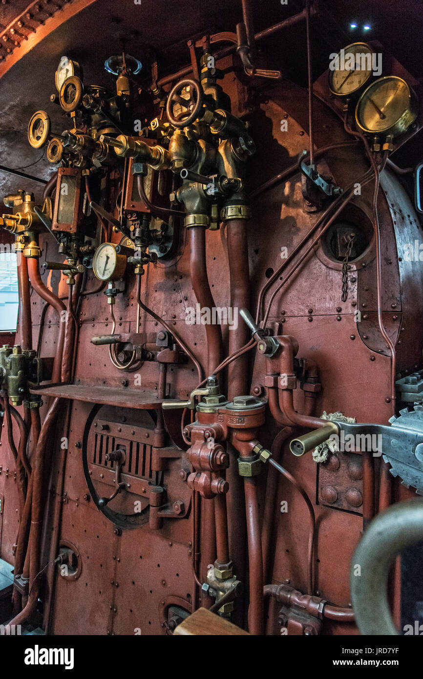 Steam locomotive controls, national technical museum in Prague, Czech ...