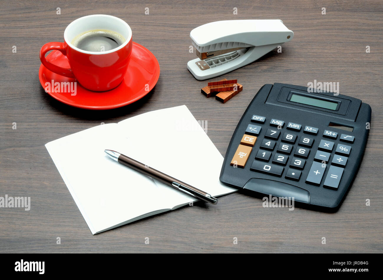 Business objects with cup coffee on wooden desk Stock Photo - Alamy