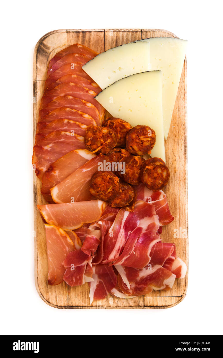 Spanish cold cuts (embutidos). Cheese, sausage and ham isolated on ...