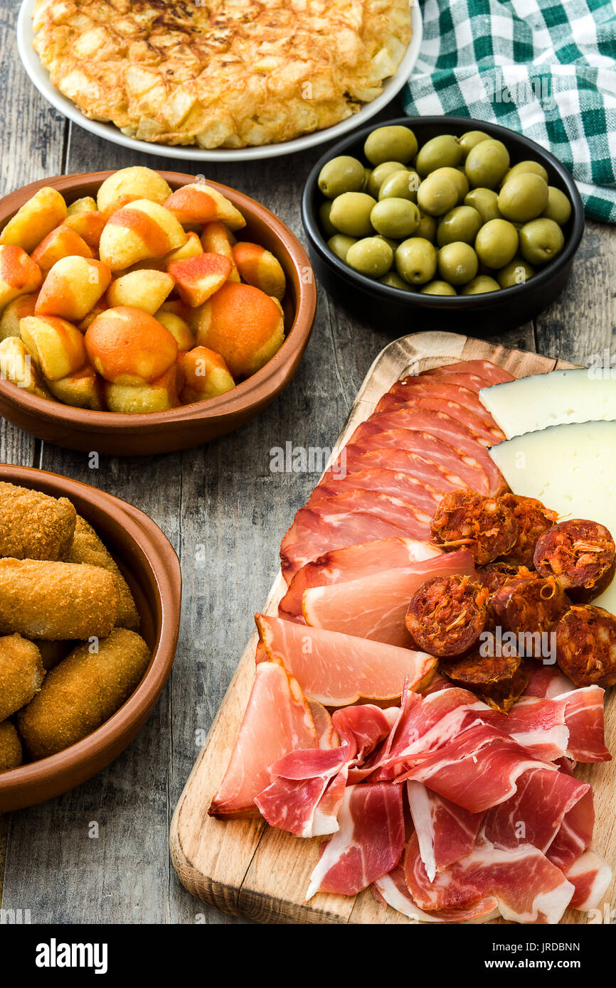 Traditional spanish tapas. Croquettes, olives, omelette, ham and ...