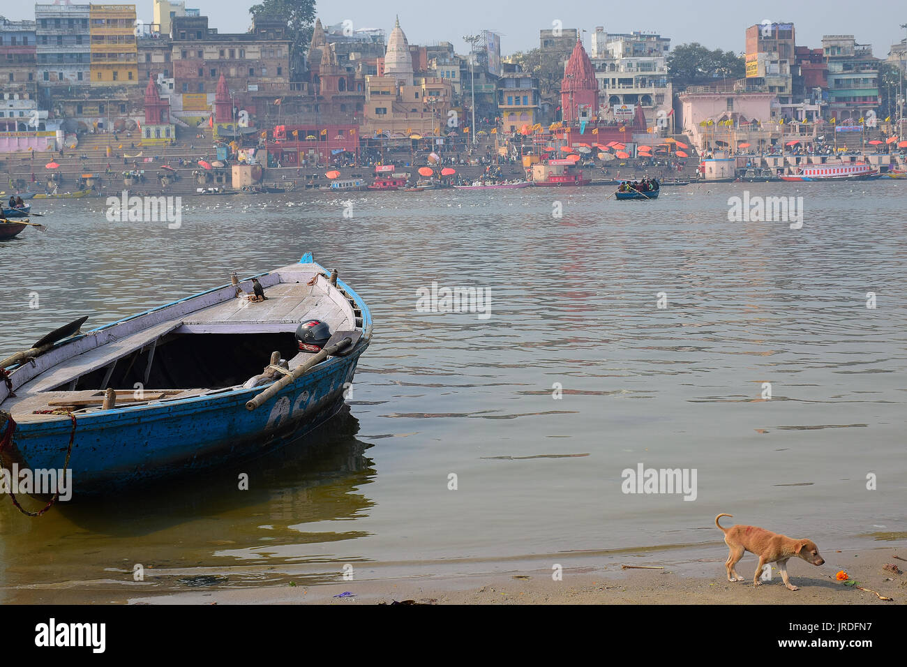 Landscape of Ganges river ghats at Varanasi, India. Varanasi is one of ...