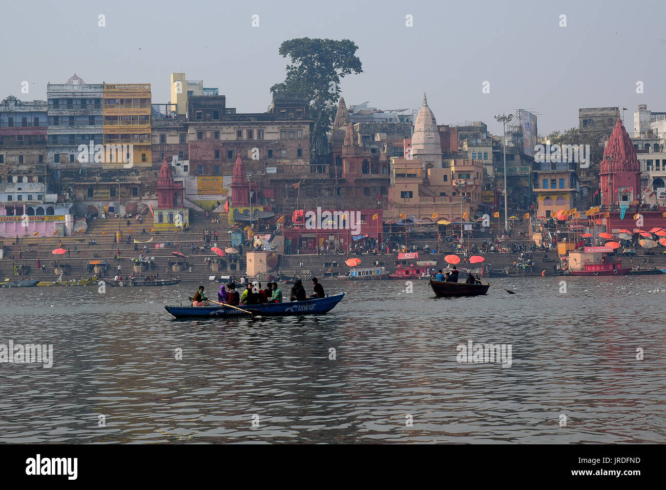 Landscape of Ganges river ghats at Varanasi, India. Varanasi is one of ...
