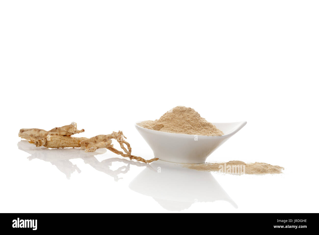 Korean ginseng ground powder and root isolated on white background ...