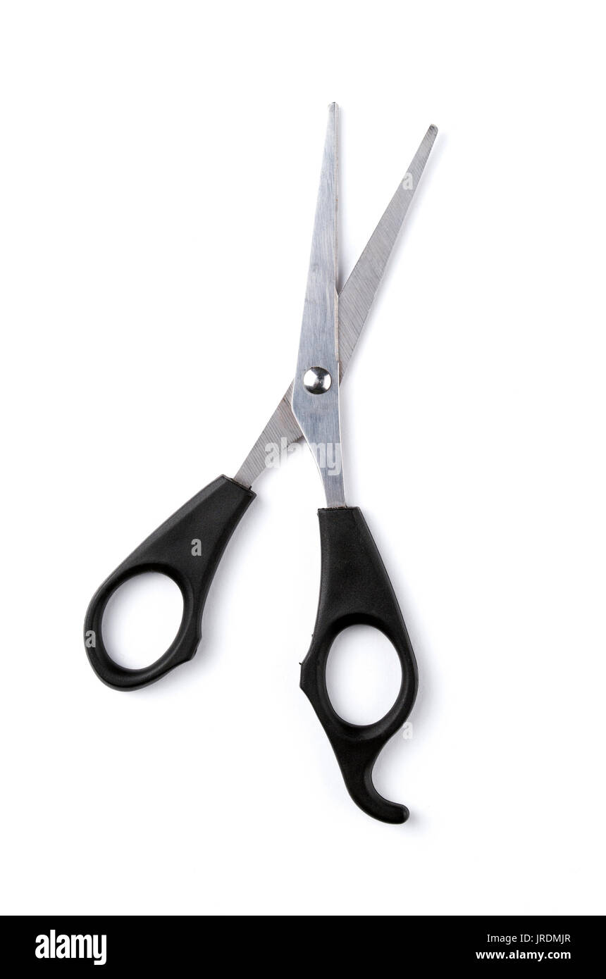 open scissors with black handles on a white background Stock Photo - Alamy
