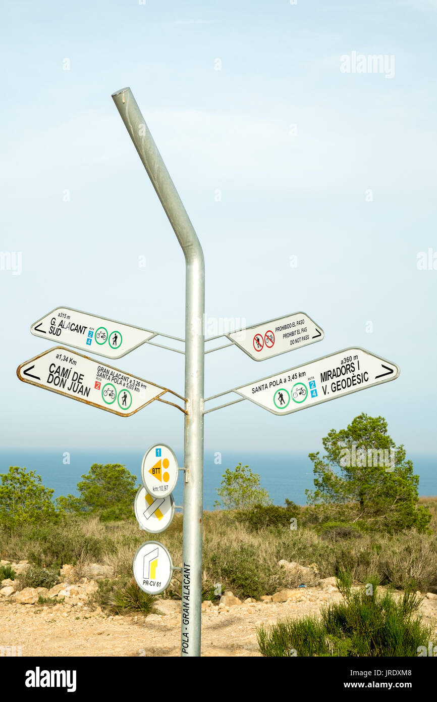 Hiking signpost giving directions on one of the many trails on Costa ...