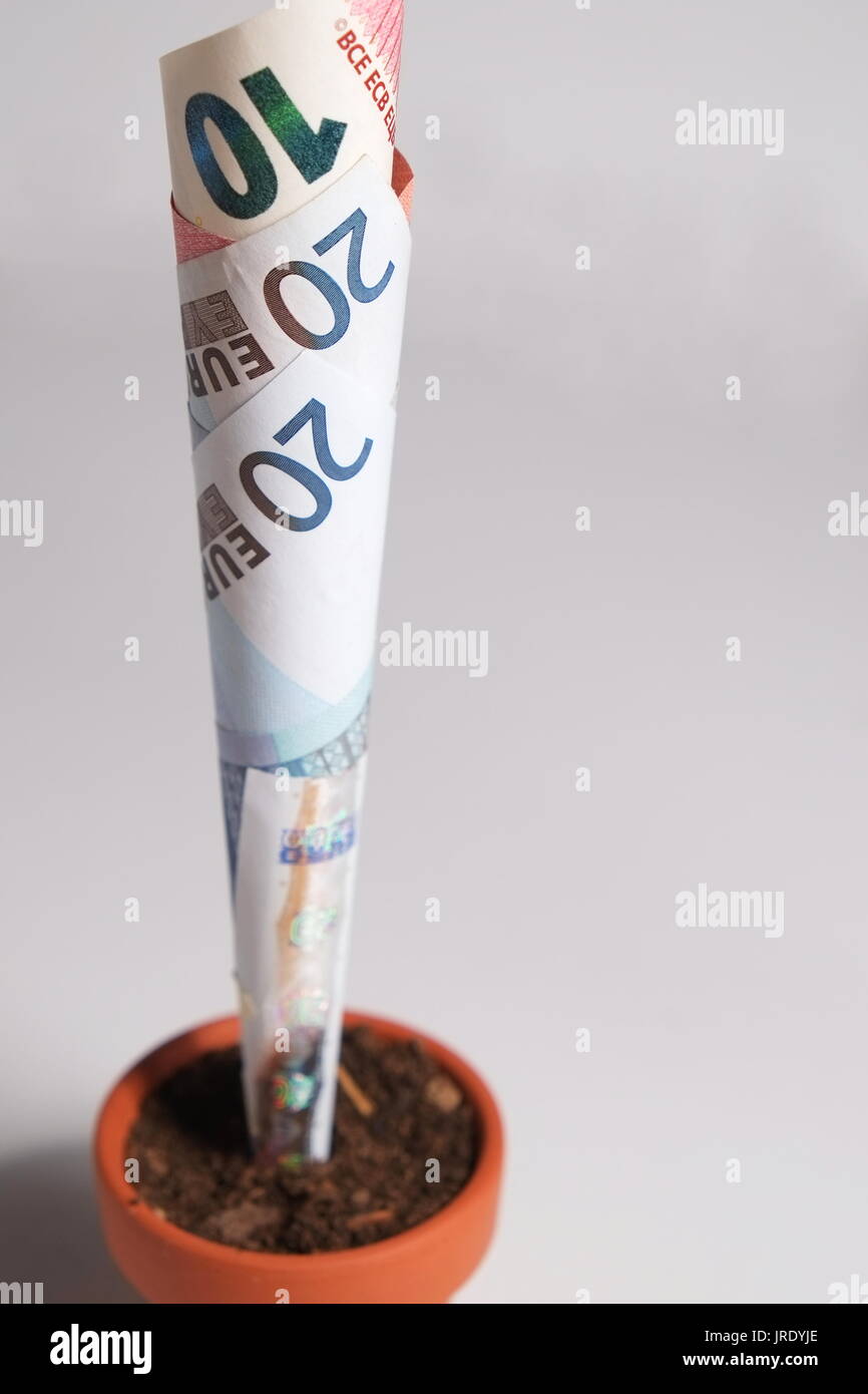 Euro banknotes planted on a clay pot Stock Photo - Alamy