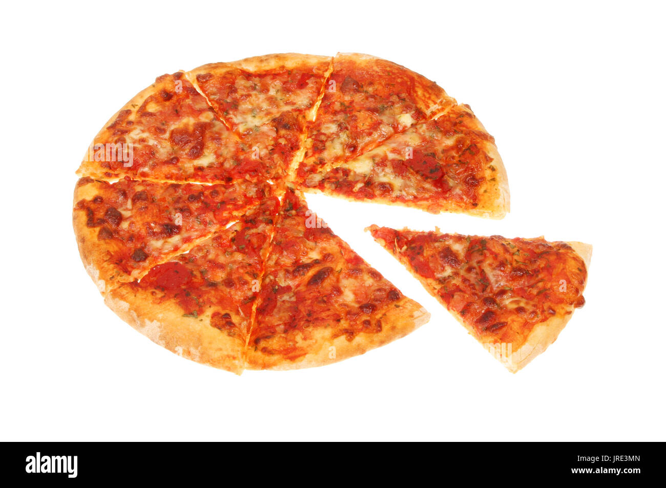 Margherita pizza with a slice cut out isolated against white Stock ...