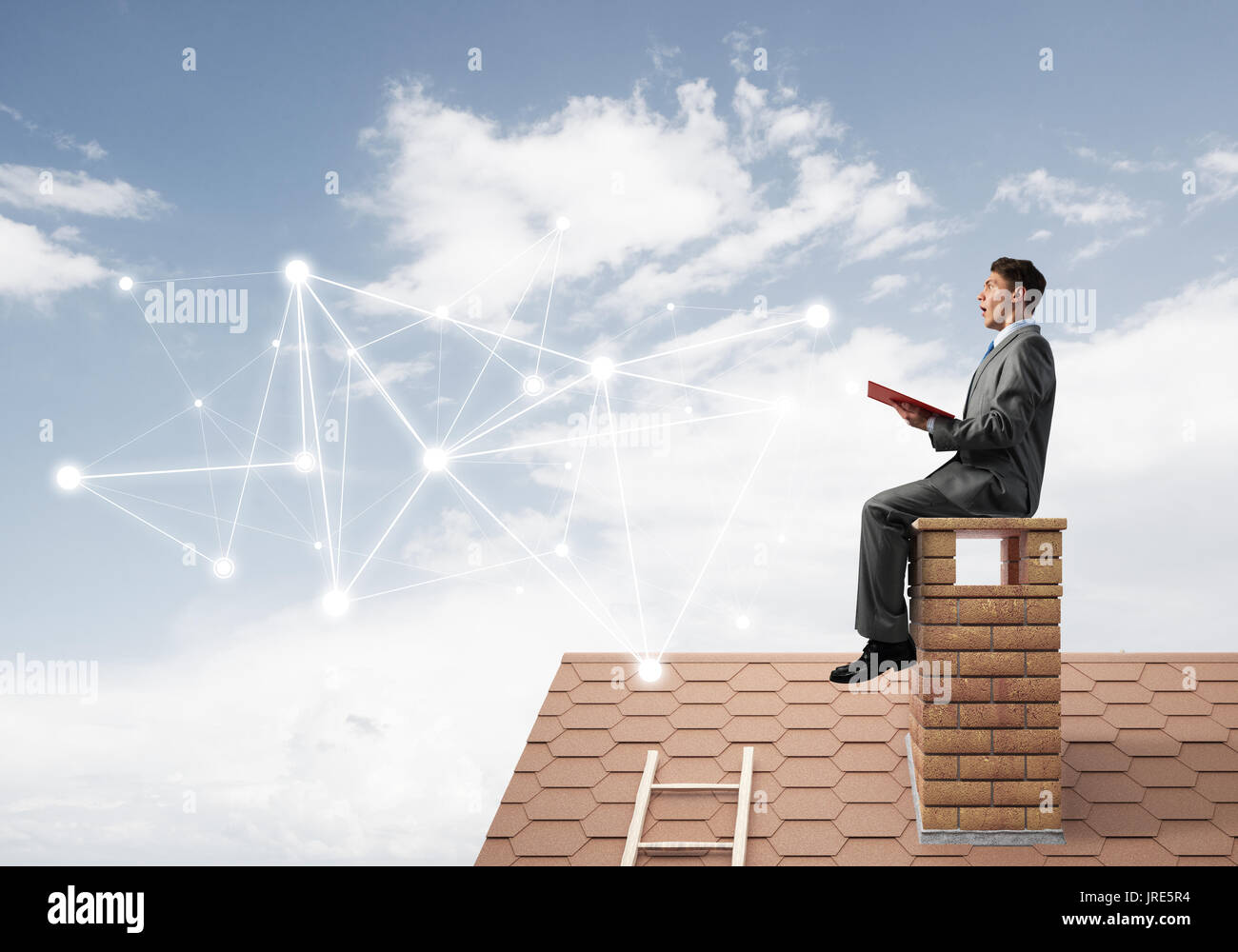 Man reading book and concept of social connection in sky Stock Photo ...