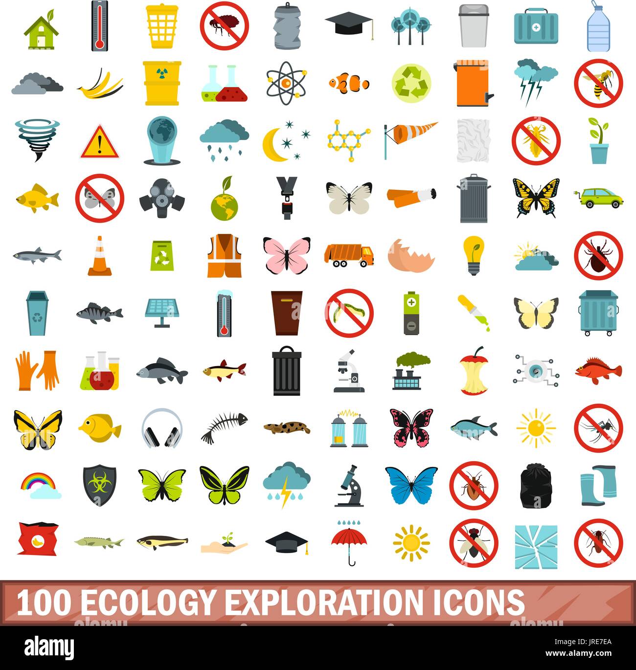 100 ecology exploration icons set, flat style Stock Vector Image & Art ...