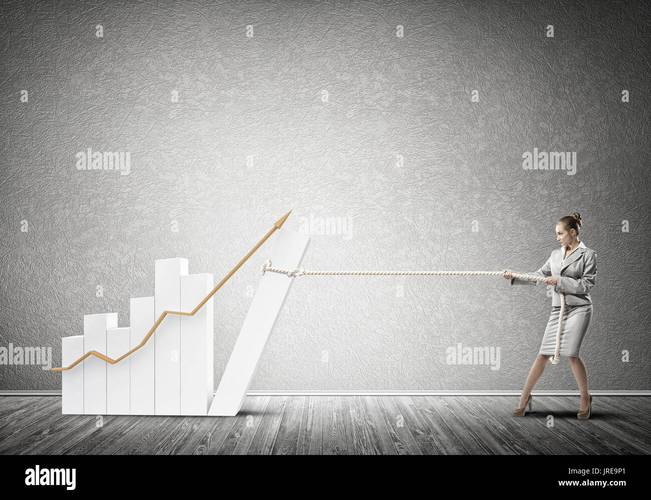 Businesswoman pulling graph with rope as symbol of power and control ...