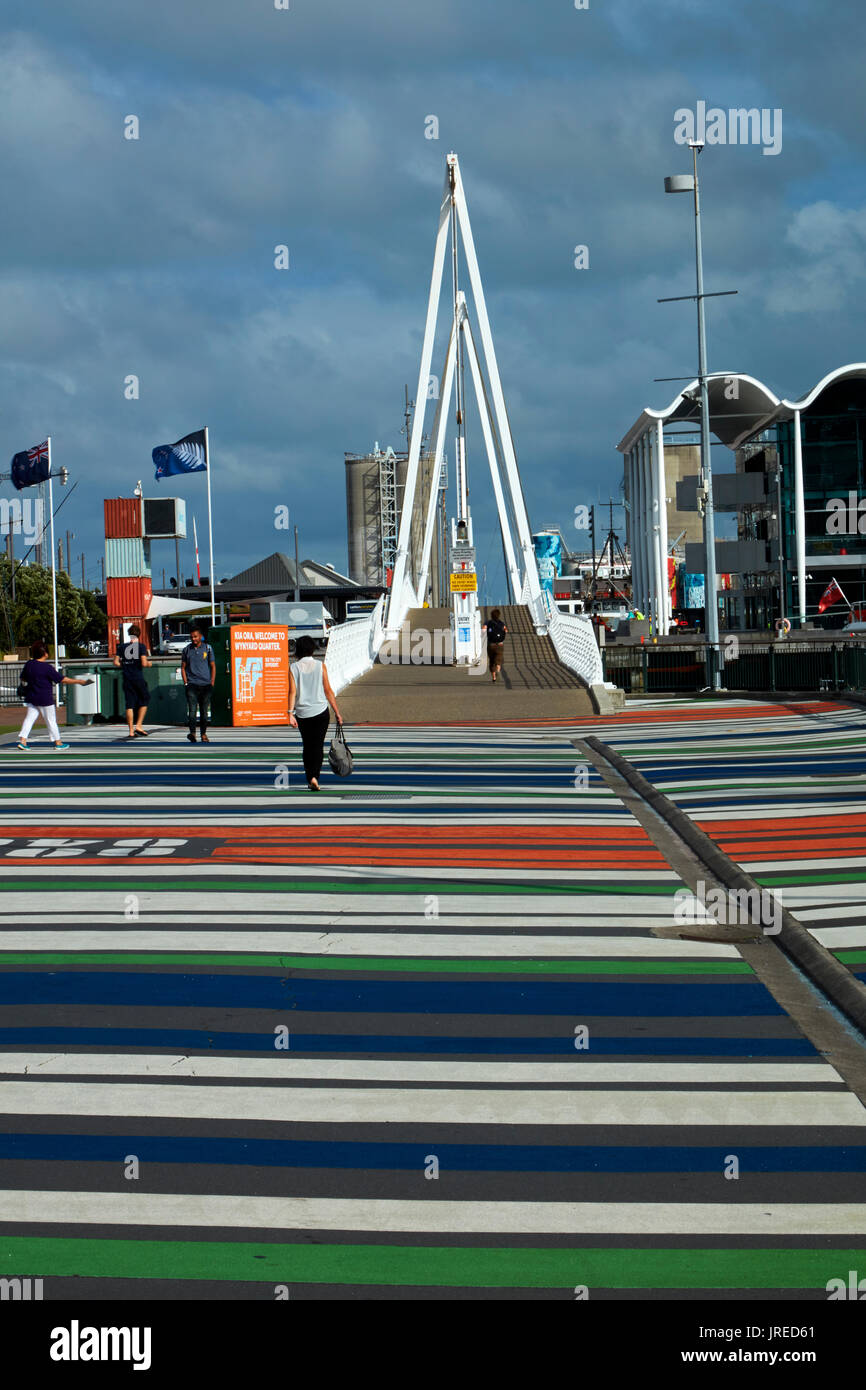 Painted lines on Te Wero Island, and Wynyard Crossing bridge, Viaduct ...