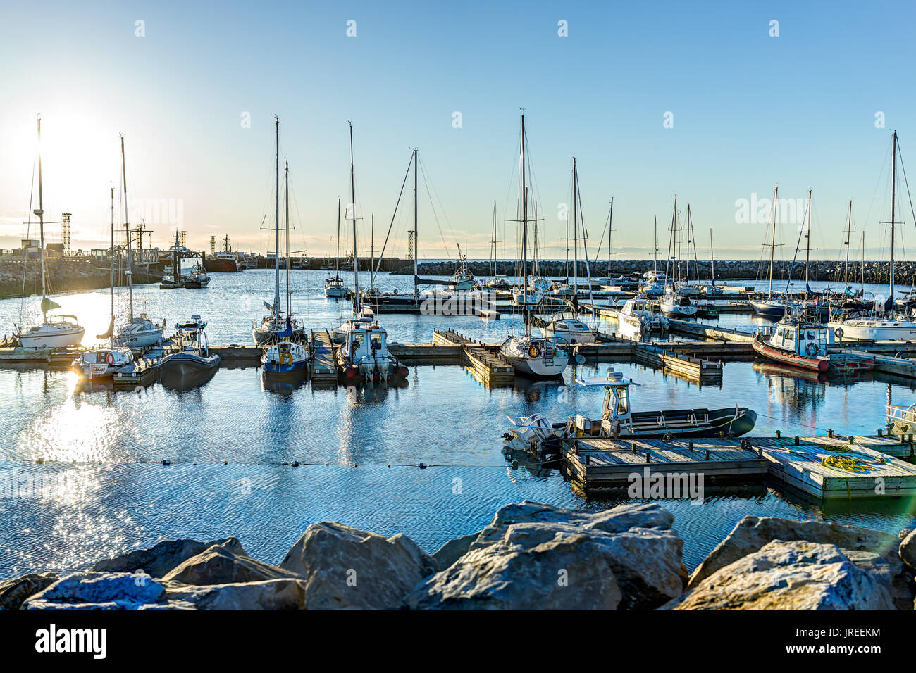 Rimouski, Canada - June 4, 2017: Harbor Marina with boats during sunset ...