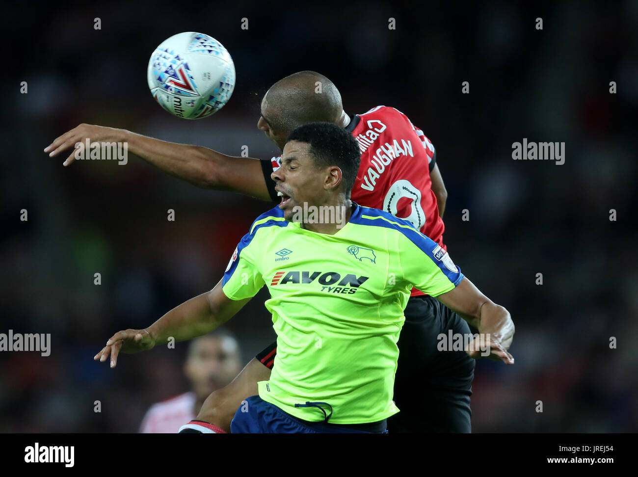 Derby County's Craig Forsyth and Sunderland's James Vaughan battle for ...