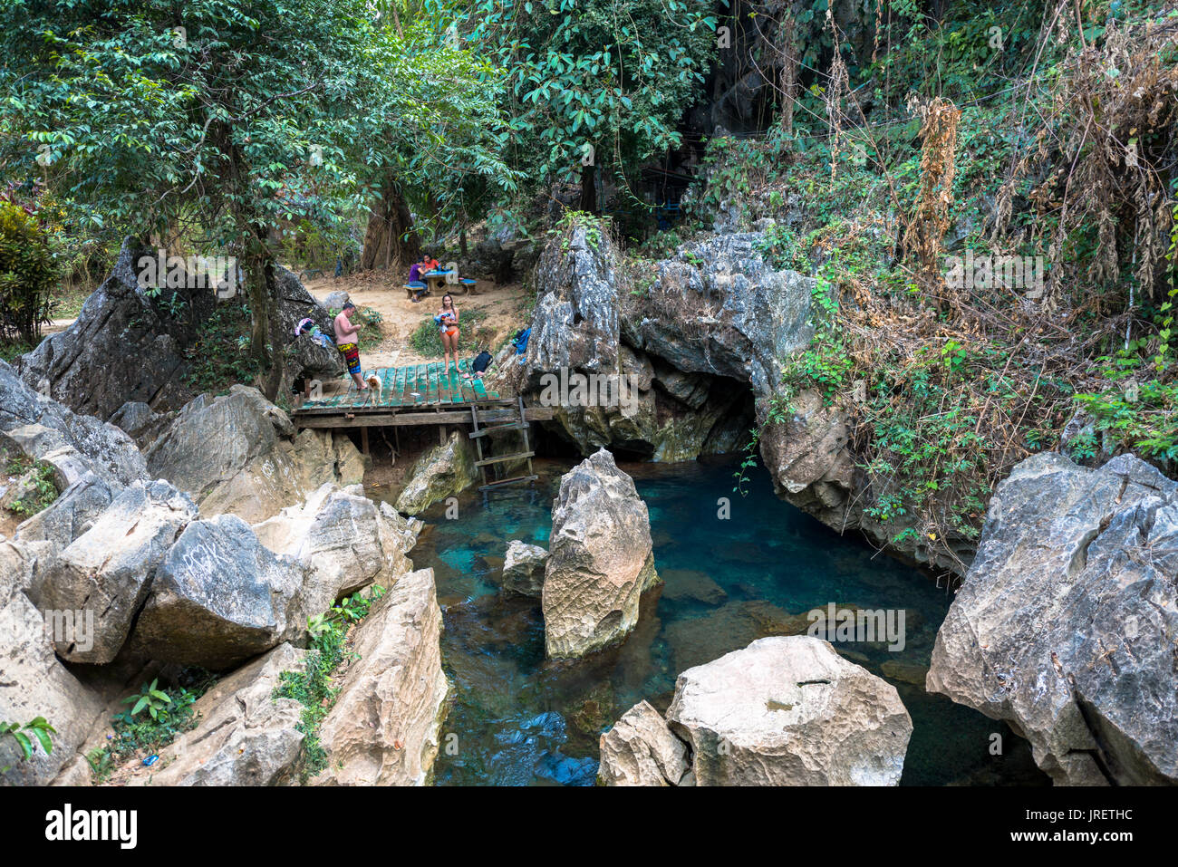 VANG VIENG, LAOS - MARCH 14, 2017: The beautiful Blue Lagoon with ...