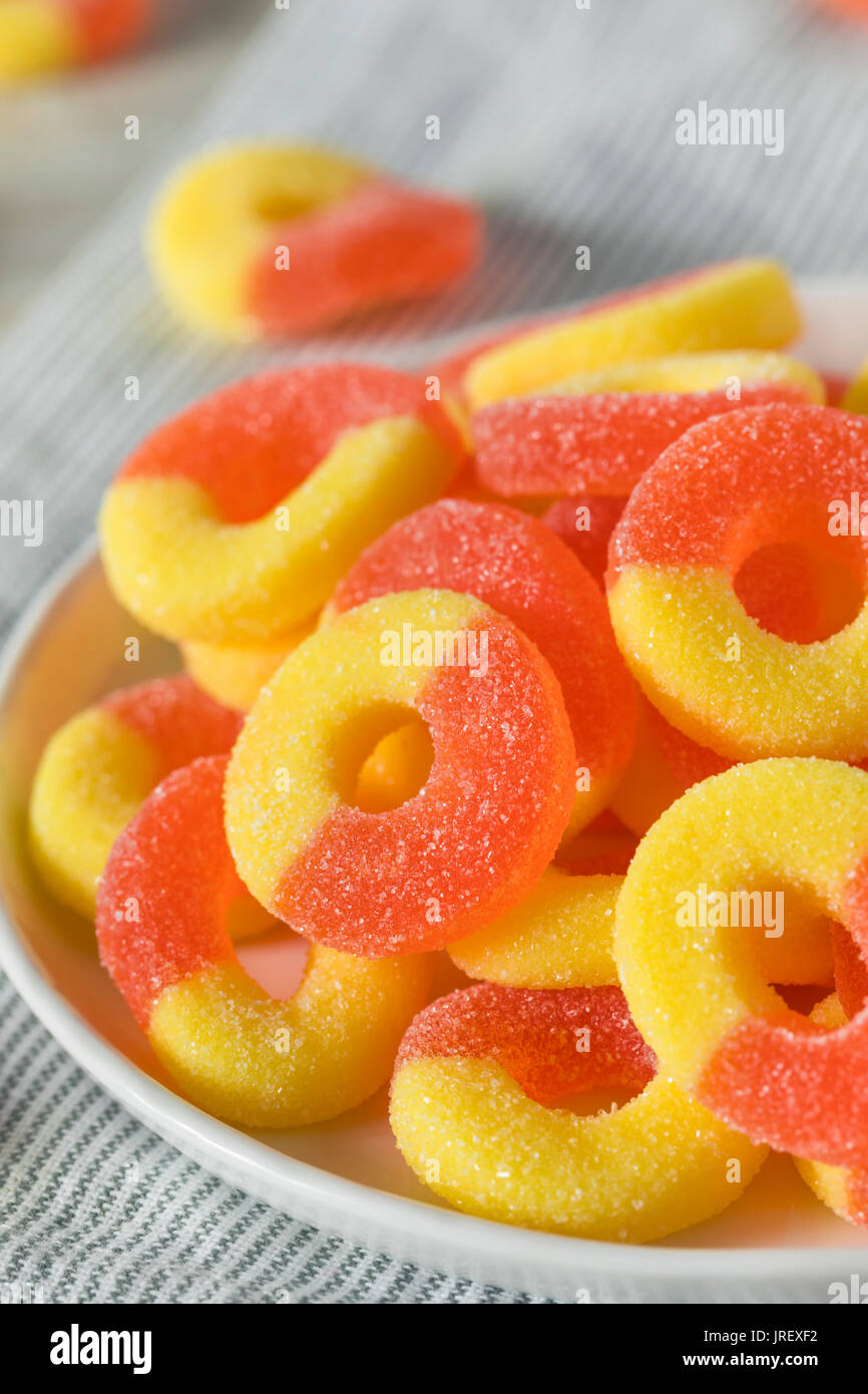 Sweet Sugary Peach Gummy Candy Rings Ready to Eat Stock Photo - Alamy
