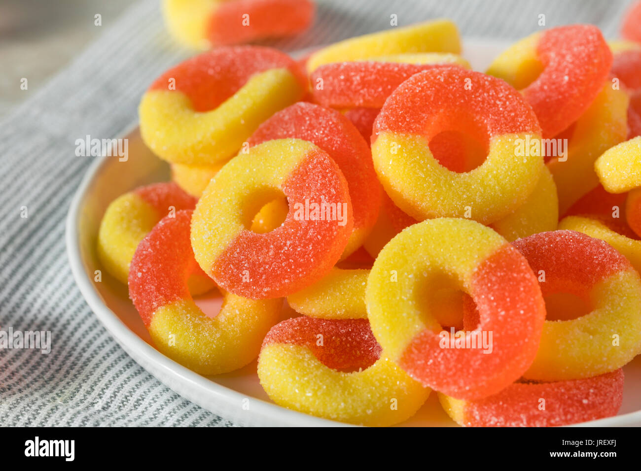 Sweet Sugary Peach Gummy Candy Rings Ready to Eat Stock Photo - Alamy