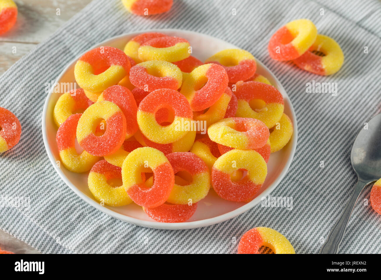 Sweet Sugary Peach Gummy Candy Rings Ready to Eat Stock Photo - Alamy