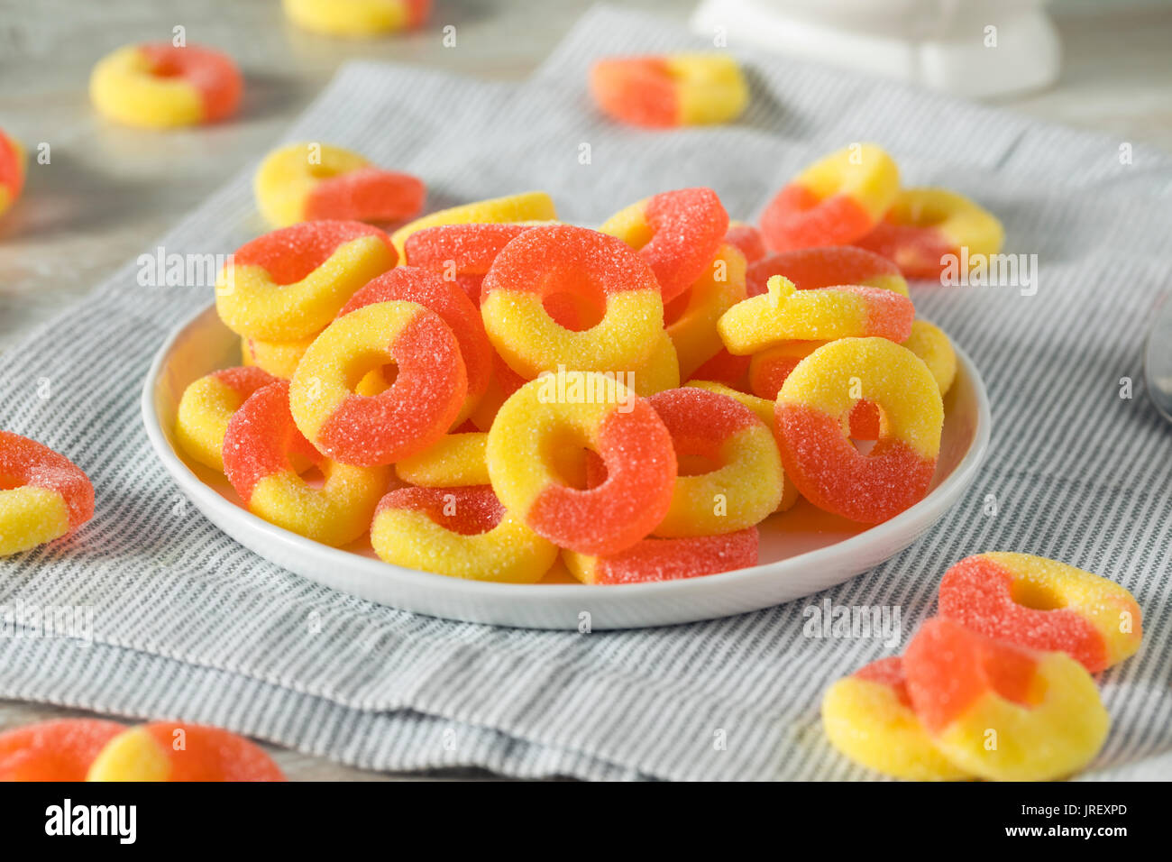 Sweet Sugary Peach Gummy Candy Rings Ready to Eat Stock Photo - Alamy
