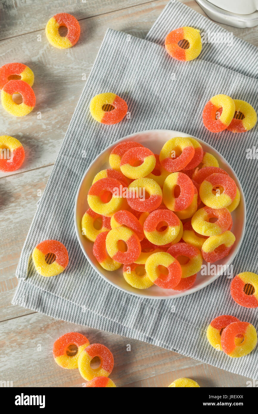 Sweet Sugary Peach Gummy Candy Rings Ready to Eat Stock Photo - Alamy
